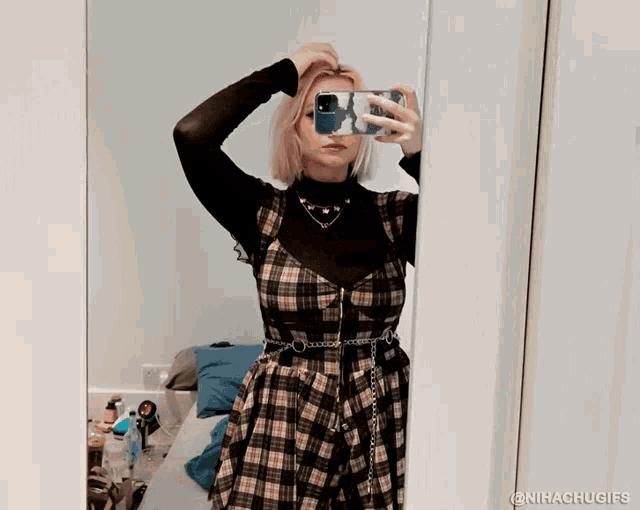 Nihachu Posing in Plaid Dress GIF - Share & View on KLIPY